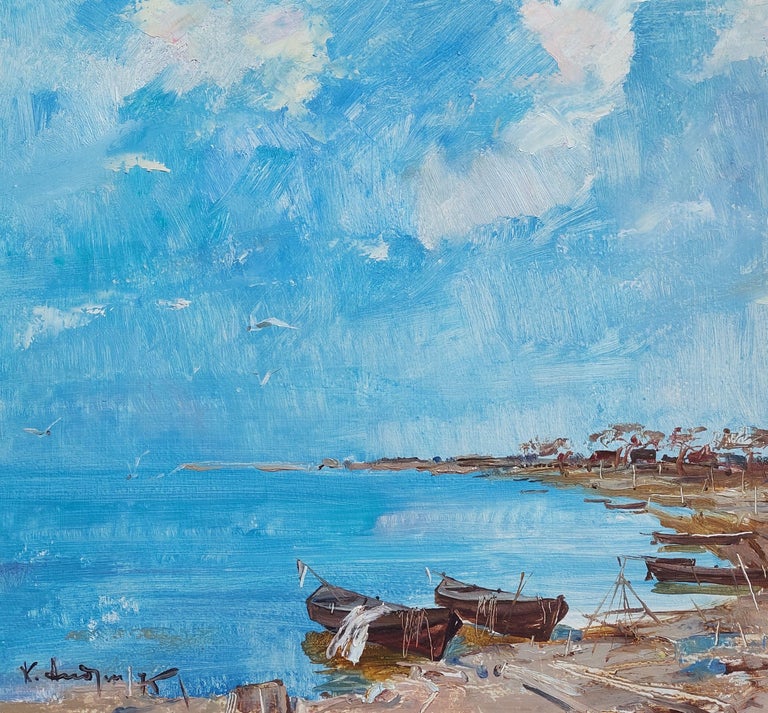 Andrejevs Konstantins - Boats at the coast 1975, cardboard, oil, 37x40 ...