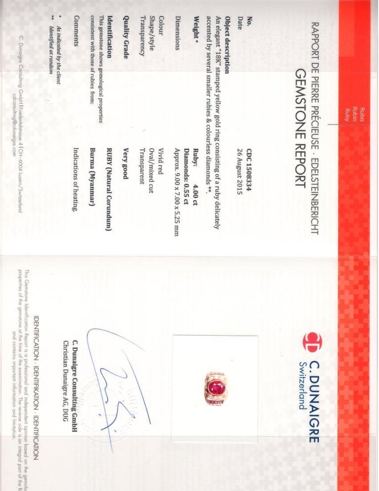 Andreoli Art Deco Style Ruby Diamond CDC Certified Ring 18 Karat Yellow ...