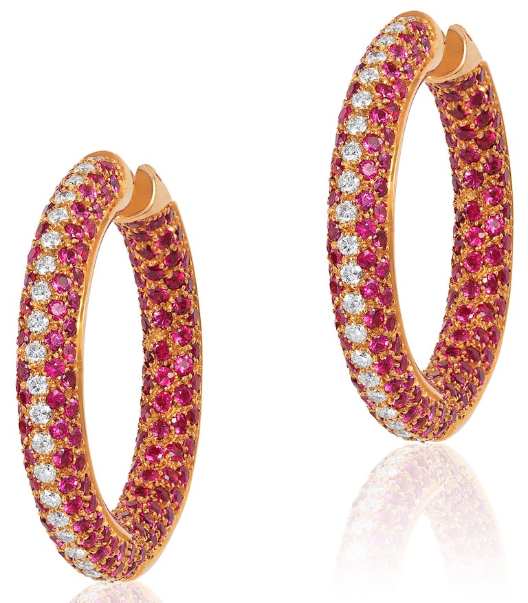 Andreoli Pink Sapphire Diamond Pave 18 Karat Rose Gold Hoop Earrings ...