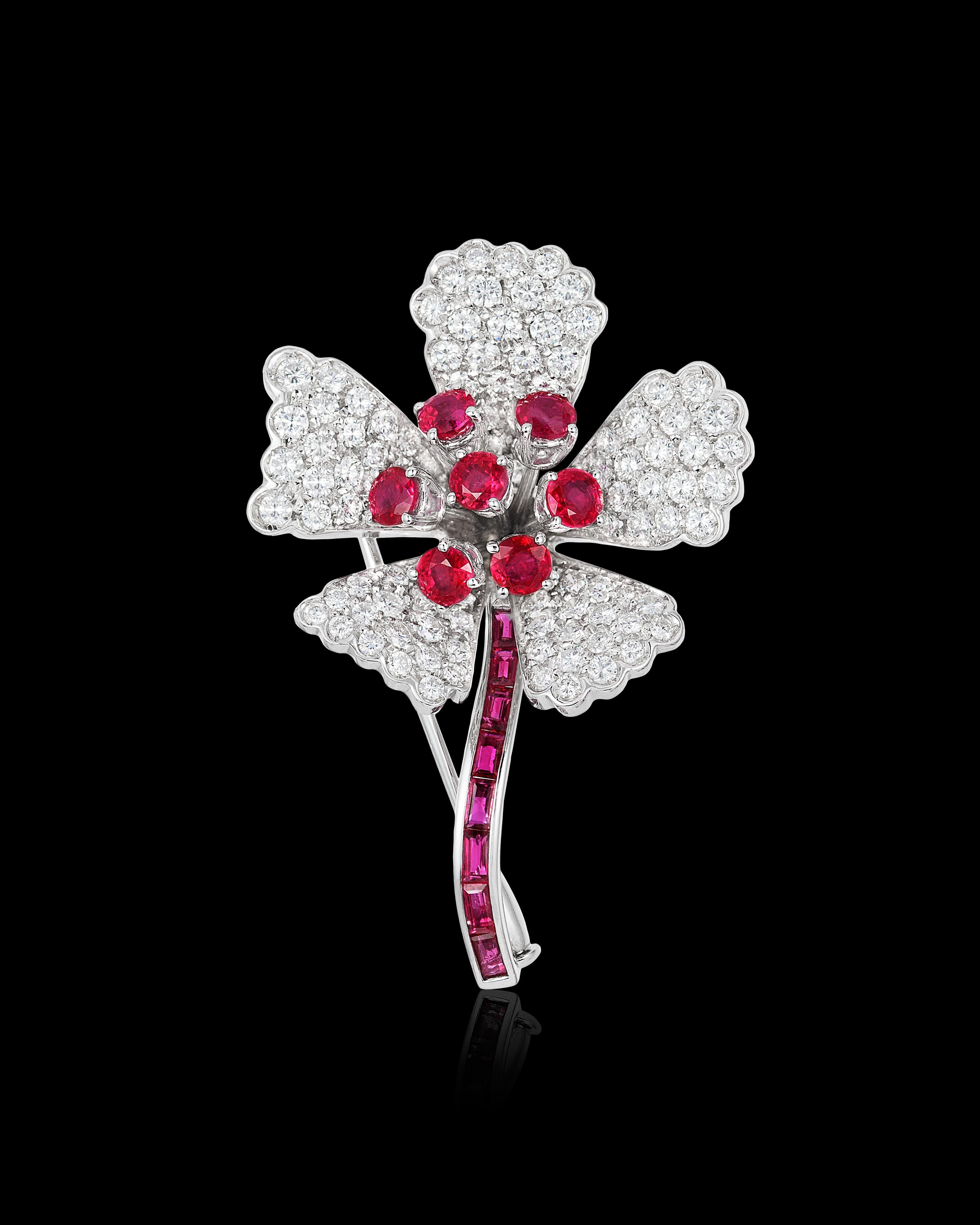 Andreoli Ruby Diamond Flower Brooch Pin 18 Karat White Gold For Sale at ...