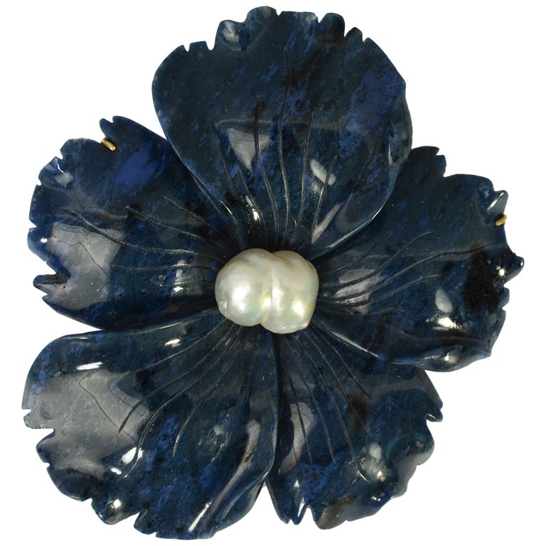 Andrew Clunn Carved Lapis Lazuli Flower Brooch For Sale at 1stDibs