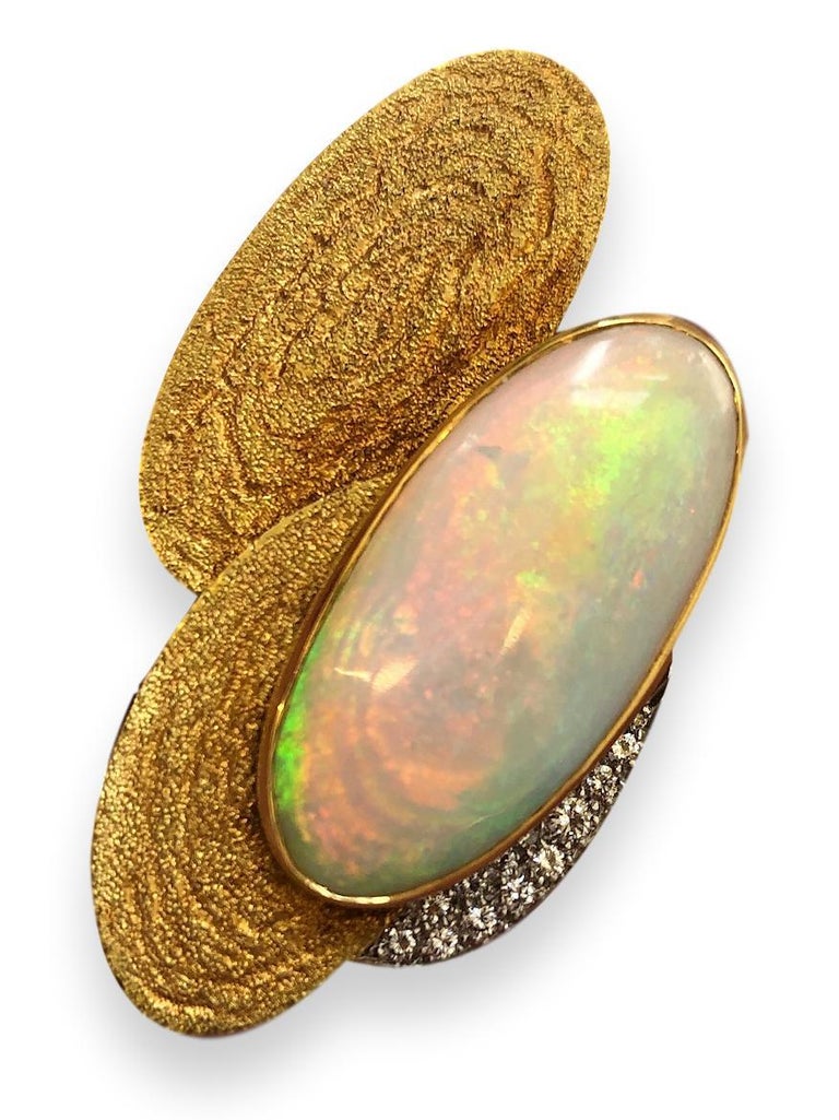 Andrew Grima 1970s Opal Gold and Diamond Brooch For Sale at 1stDibs