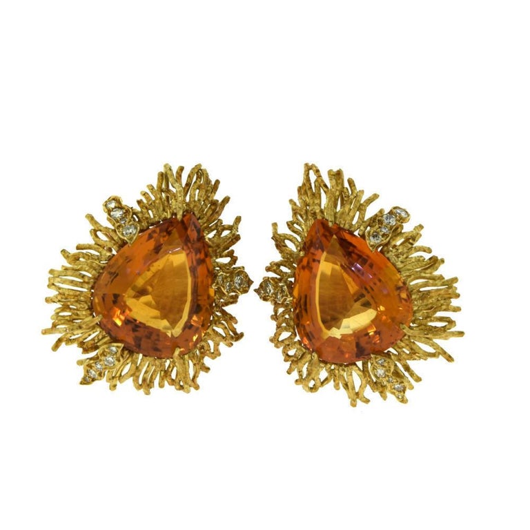 Andrew Grima Citrine, Diamond Yellow Gold Textured Wire Brooch Earring ...