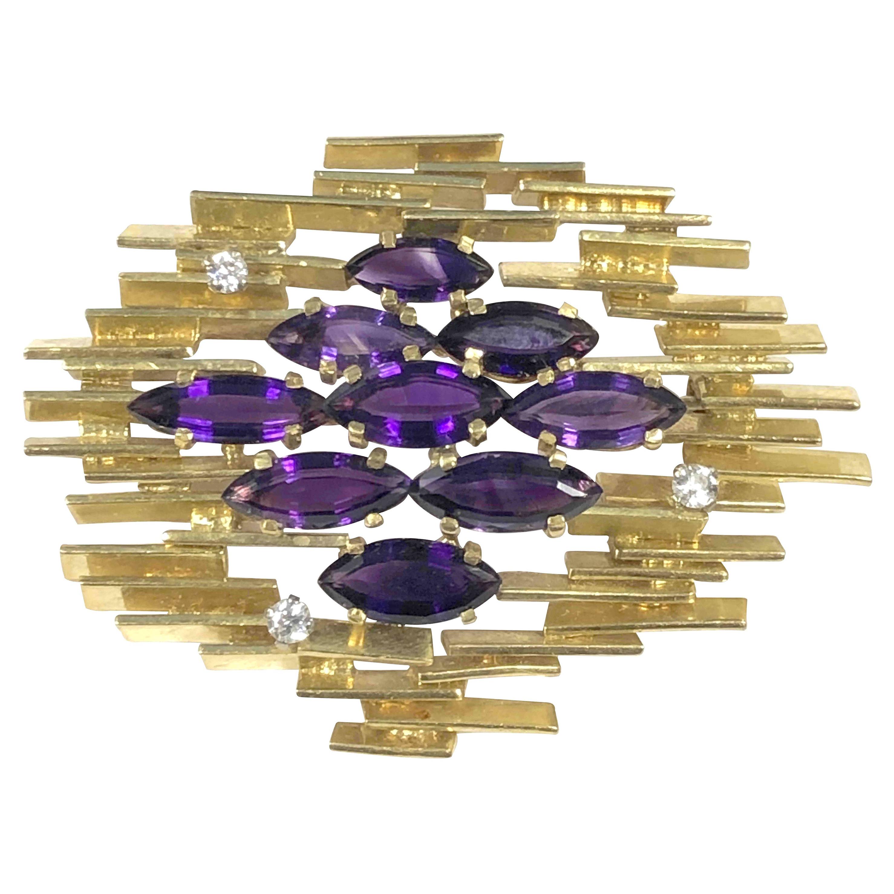 Mid-Century Modern Brutalist 14 Karat Gold Matrix Brooch or Pin For ...