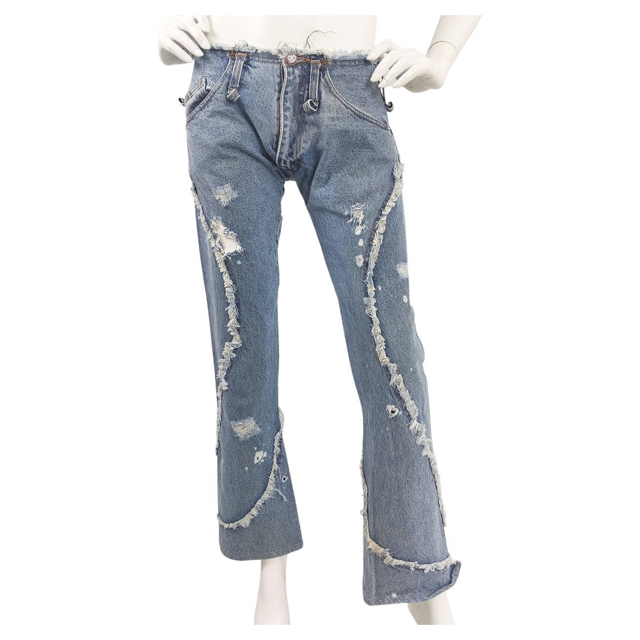 Andrew Mackenzie Vintage y2k Womens Distressed Ripped Blue Denim Low rise Jeans For Sale at 1stDibs