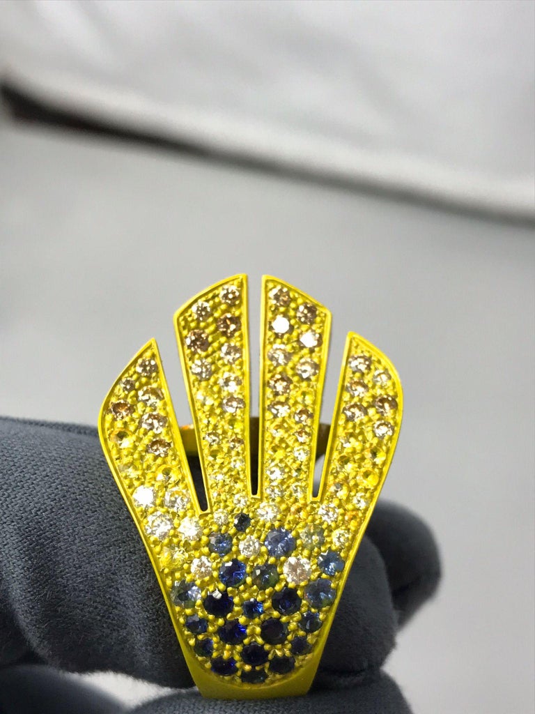 "Mirage" Alluminium Ring With White, Brown Diamonds and Blue Sapphires ...
