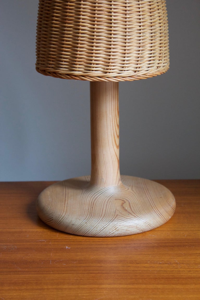 Aneta, Table Lamp, Solid Pine, Rattan, Sweden, 1970s For Sale at 1stDibs