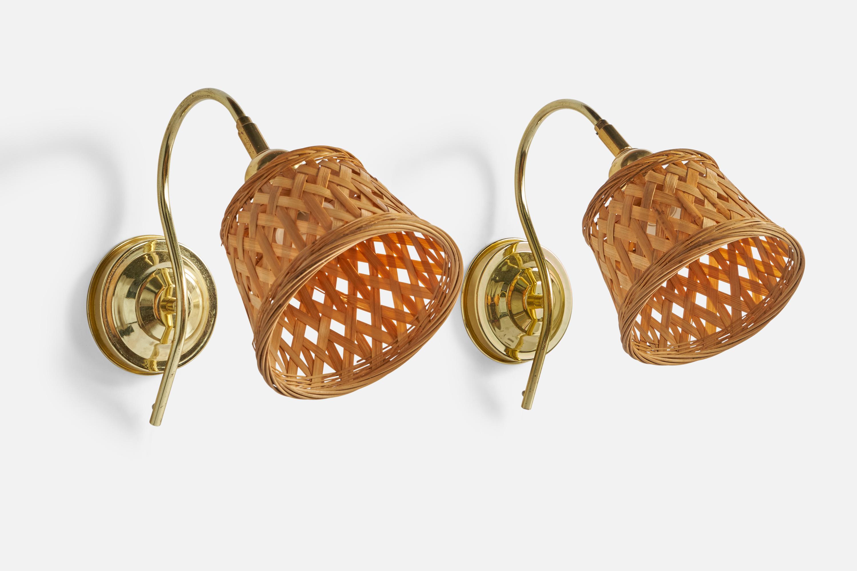 Aneta, Wall Lights, Brass, Rattan, Sweden, 1970s For Sale at 1stDibs