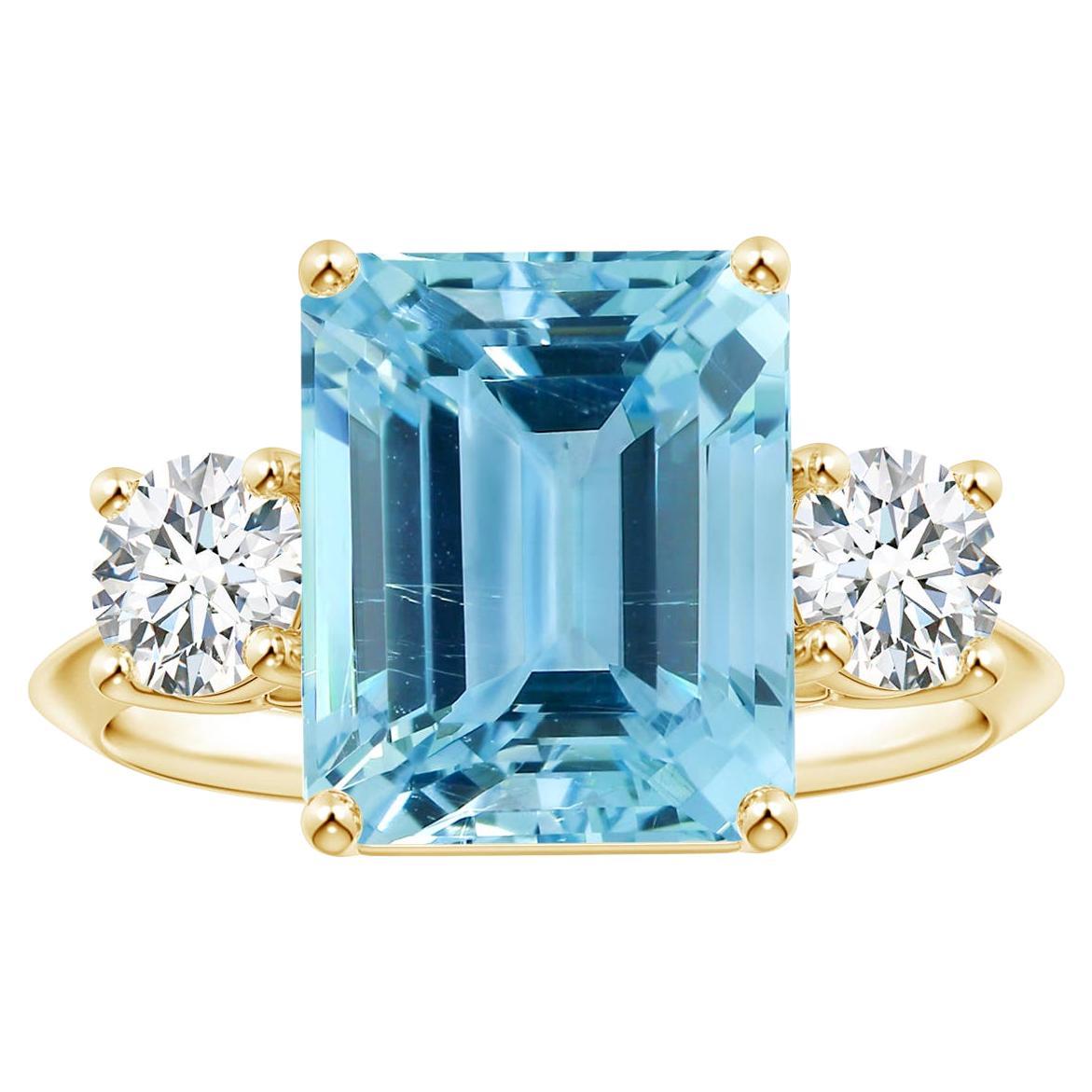 Customizable ANGARA GIA Certified Emerald-Cut Aquamarine and Diamond 3-Stone Yellow Gold Ring ...