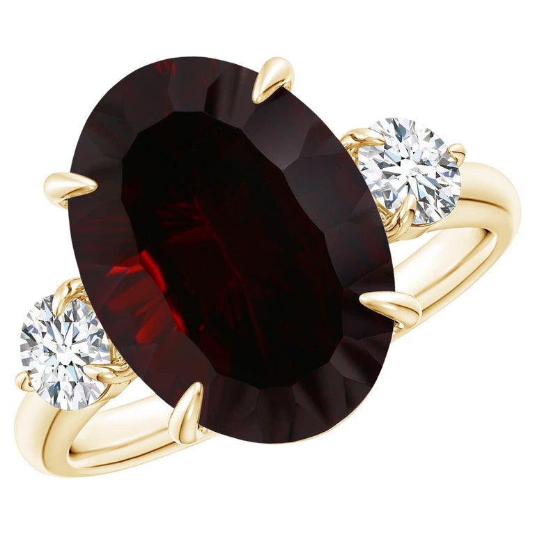 Customizable ANGARA GIA Certified Natural Garnet Three Stone Yellow Gold Ring Diamonds For Sale ...