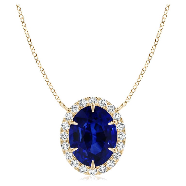 ANGARA GIA Certified Natural Sapphire Ellipse Halo Yellow Gold Pendant Necklace For Sale at 1stDibs