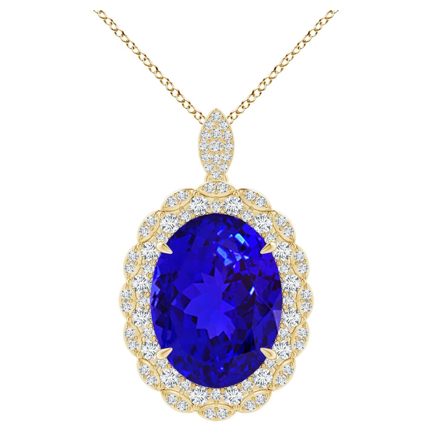 ANGARA GIA Certified Natural Tanzanite Halo Yellow Gold Pendant Necklace For Sale at 1stDibs