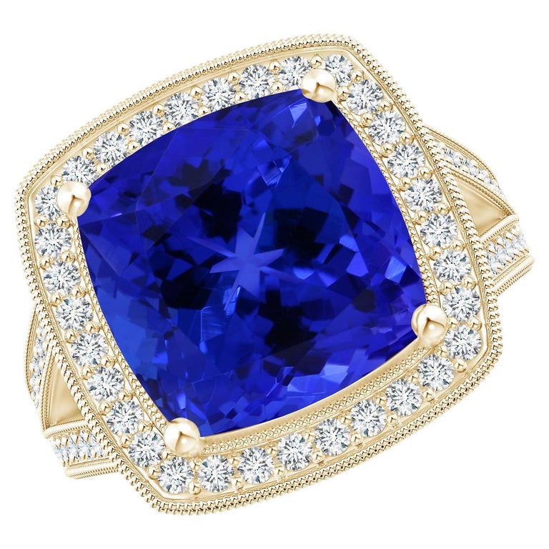 Customizable Angara Gia Certified Natural Tanzanite Split Shank Halo Ring in Yellow Gold For ...