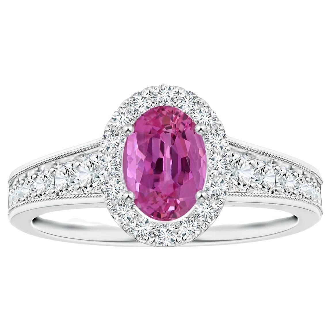 Customizable Angara Gia Certified Natural Emerald Cut Pink Sapphire Halo Ring in Platinum For ...