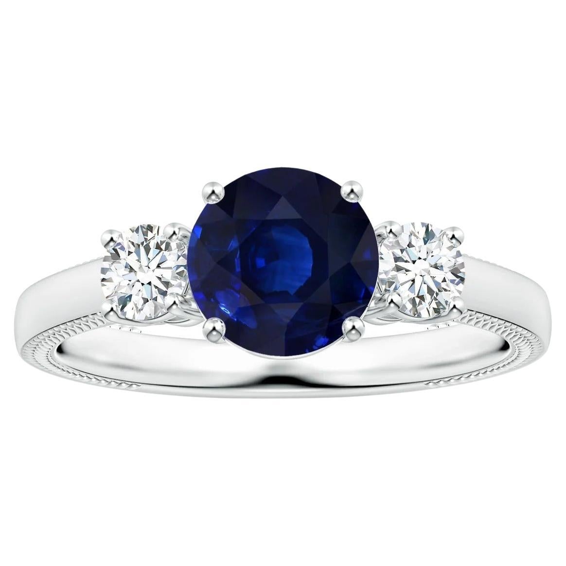 ANGARA Bague à trois pierres en or blanc avec saphir bleu certifié GIA ...