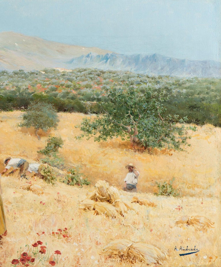 Angel Andrade - The harvest at the foot of the mountains, Framed, Oil ...
