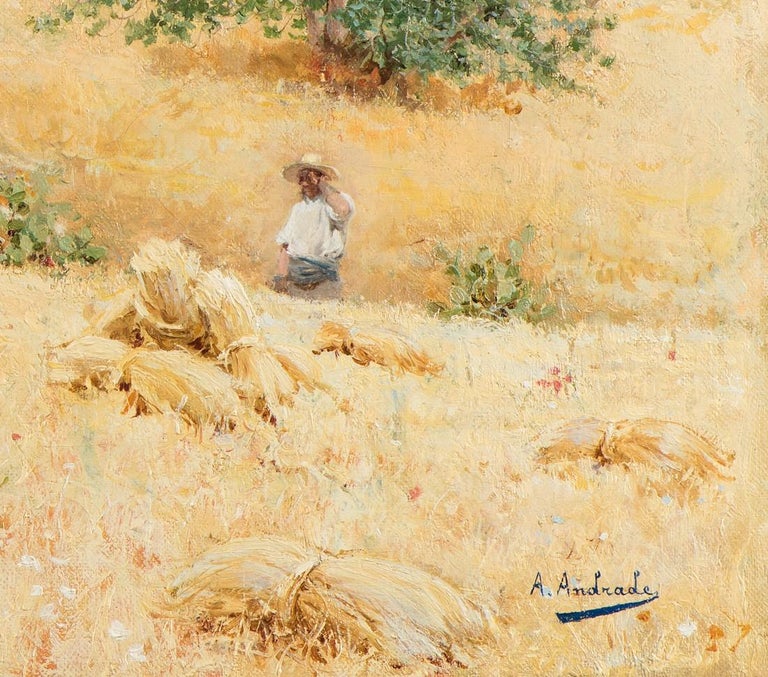 Angel Andrade - The harvest at the foot of the mountains, Framed, Oil ...