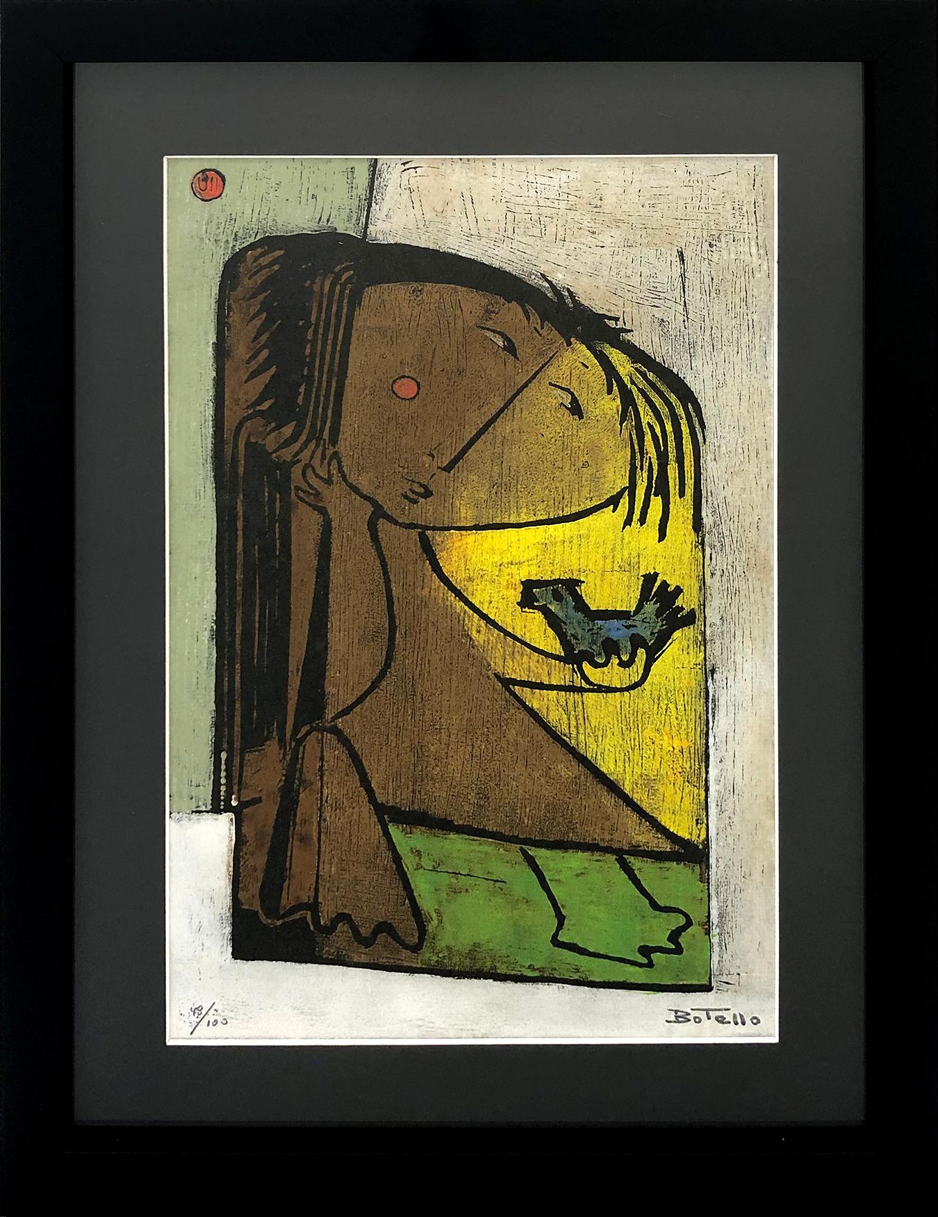 Angel Botello - Nina Con Pajaro (hand signed linocut) For Sale at 1stDibs