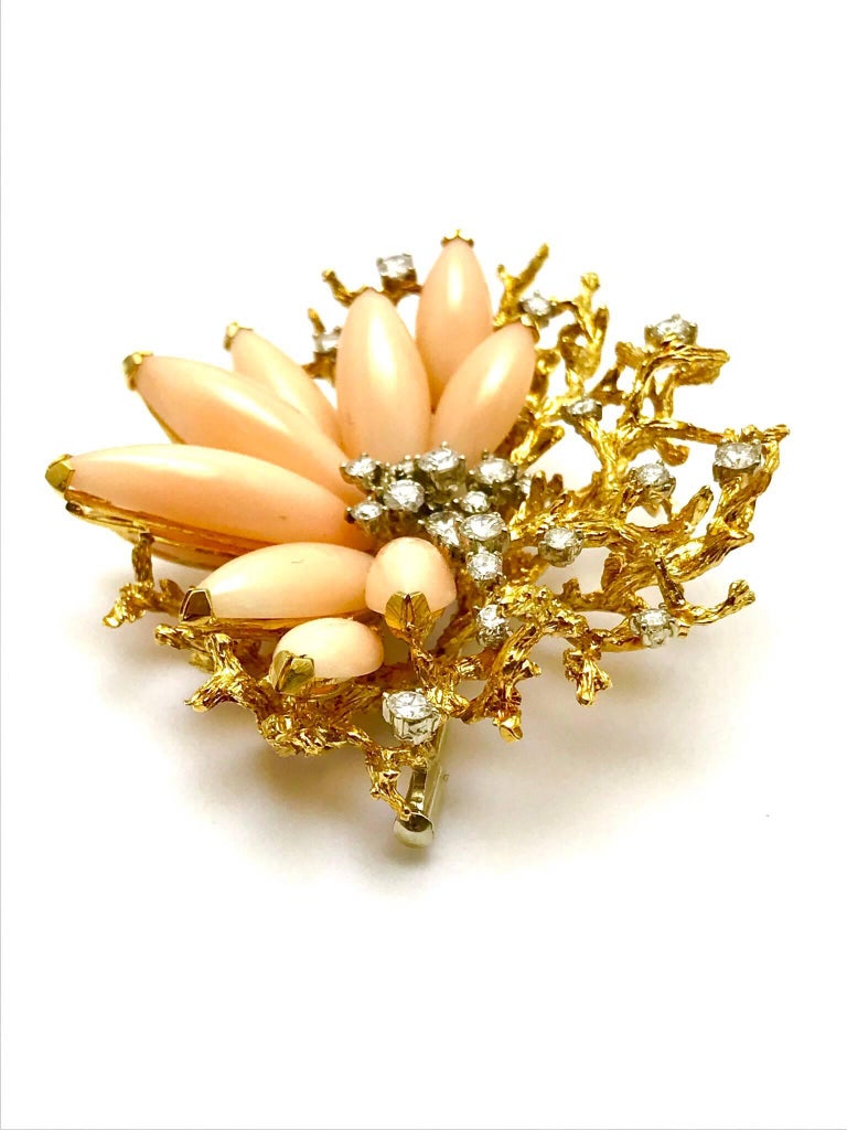 Angel Skin Coral and Diamond Coral Reef Brooch at 1stDibs