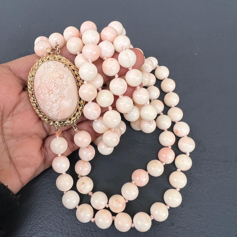 Angel Skin Coral Bead Necklace Large Carved Flower 14k Gold Claps For ...