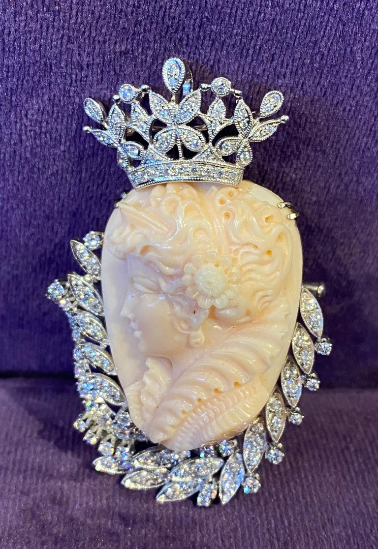 Angel Skin Coral Cameo and Diamond Brooch Pendant For Sale at 1stDibs