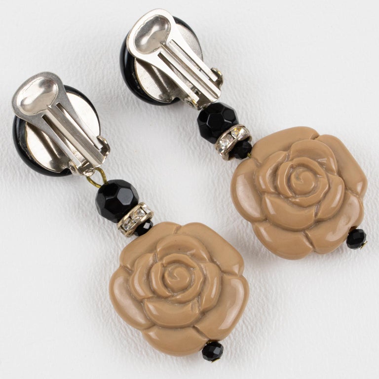 Angela Caputi Dangle Black and Beige Flower Resin Clip Earrings For ...