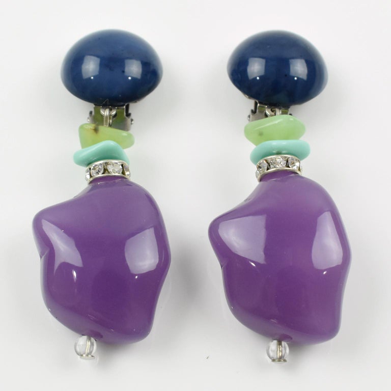 Angela Caputi Dangle Blue and Lavender Resin Clip Earrings at 1stDibs