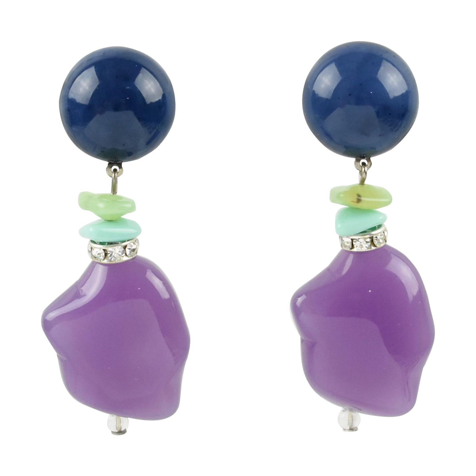 Angela Caputi Dangle Blue and Lavender Resin Clip Earrings at 1stDibs