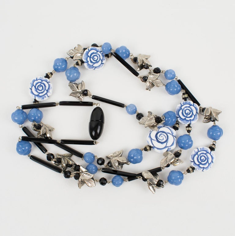 Angela Caputi Long Necklace Lavender Blue Roses and Silver Resin Leaves ...