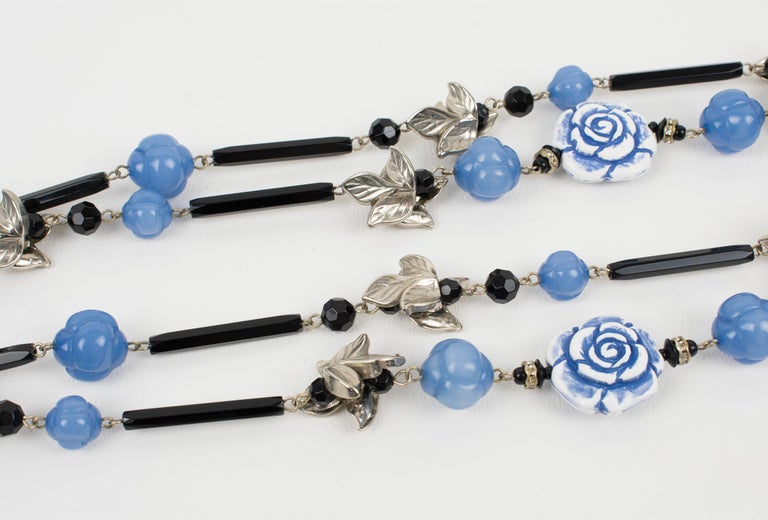 Angela Caputi Long Necklace Lavender Blue Roses and Silver Resin Leaves ...