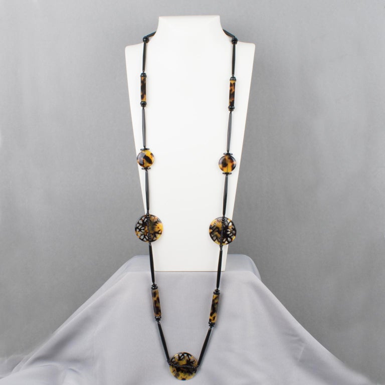 Angela Caputi Long Necklace Tortoiseshell and Black Resin Bead For Sale ...