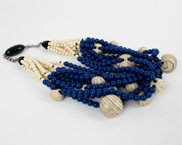 Angela Caputi Resin Choker Necklace Blue and Mastic Beige Multi-Strand ...