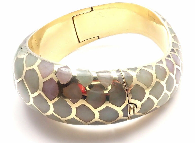 Angela Cummings Purple and Green Jade Snakeskin Yellow Gold Bangle ...