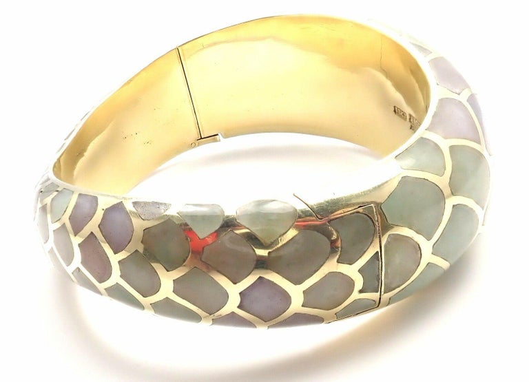 Angela Cummings Purple and Green Jade Snakeskin Yellow Gold Bangle ...