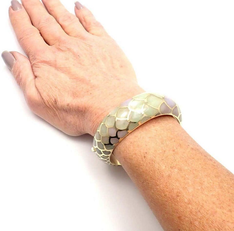 Angela Cummings Purple and Green Jade Snakeskin Yellow Gold Bangle ...