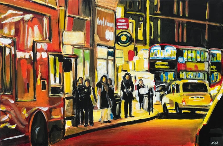 Angela Wakefield - Painting of London Bus Stop in England at Night by Contemporary UK Urban ...