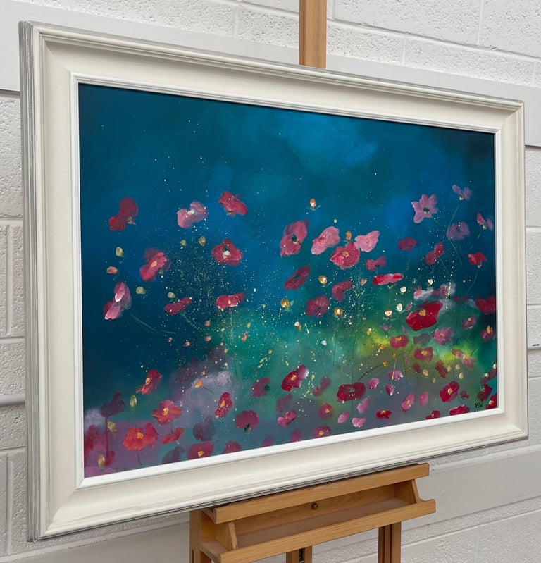 Angela Wakefield - Wild Red Flowers on Turquoise and Green Abstract by ...