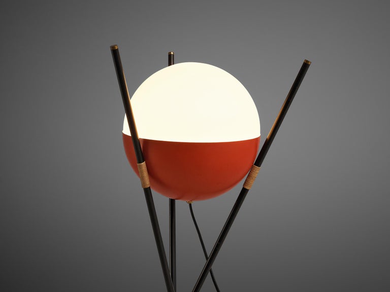 Angelo Brotto for Esperia Floor Lamp in Metal, Opaline Glass and Cane ...