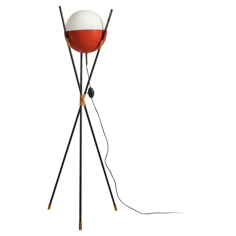 Angelo Brotto for Esperia Floor Lamp in Metal, Opaline Glass and Cane ...