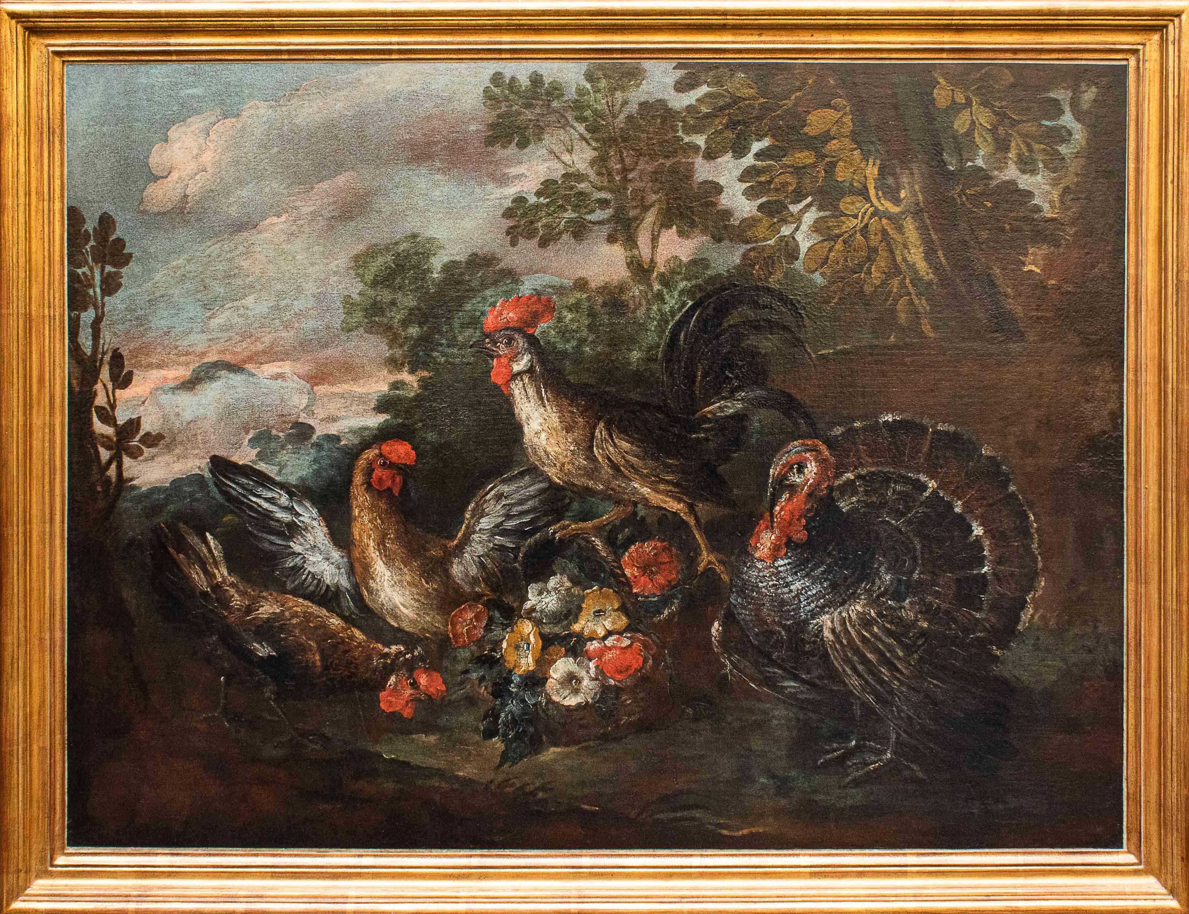 Angelo Maria Crivelli - Turkey, two hens and rooster around a basket ...