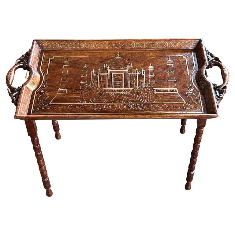 Anglo Indian Butlers-Style Inlaid Wooden Traveling Table Depicting Taj ...