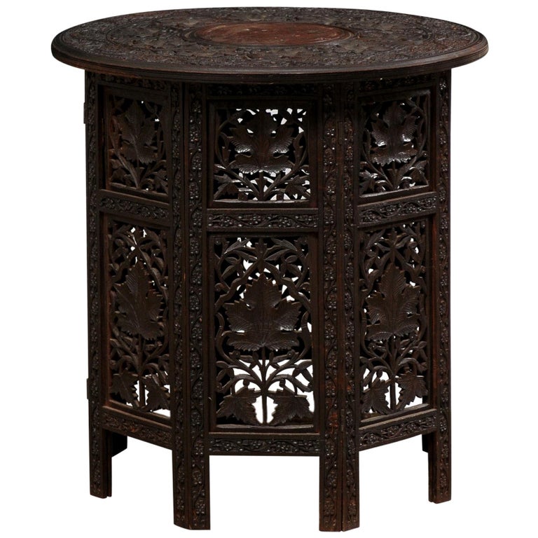 Anglo-Indian Carved-Wood Tea Table Top, Foldable for Storage at 1stDibs