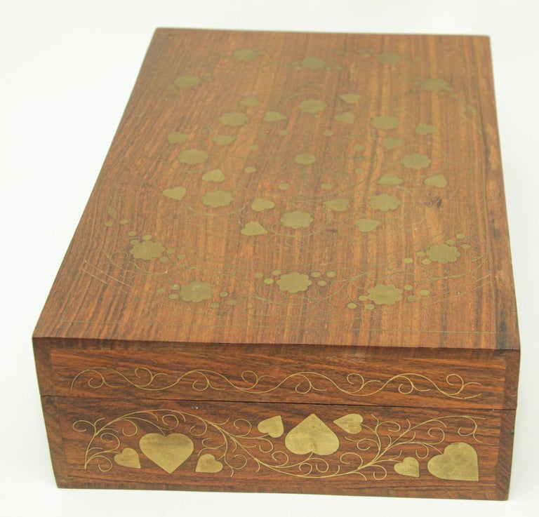 Anglo Indian Colonial Brass Inlaid Teak Jewelry Box For Sale at 1stDibs