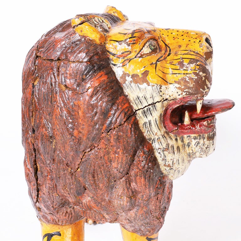 Anglo Indian Folk Art Carved Wood Lion Tiger For Sale at 1stDibs