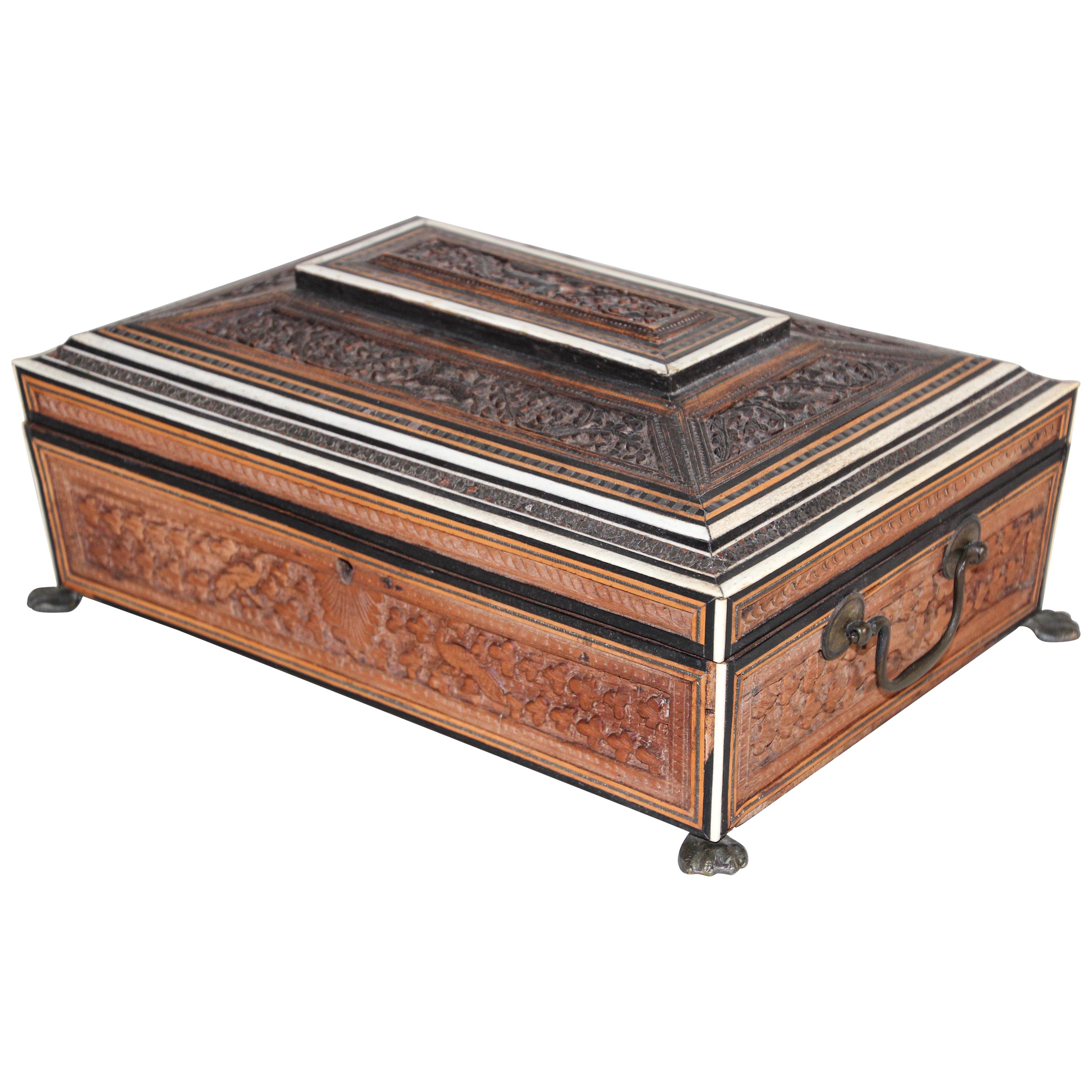 Anglo-Raj Wood and Brass Box with Hand-Painted Scene at 1stDibs