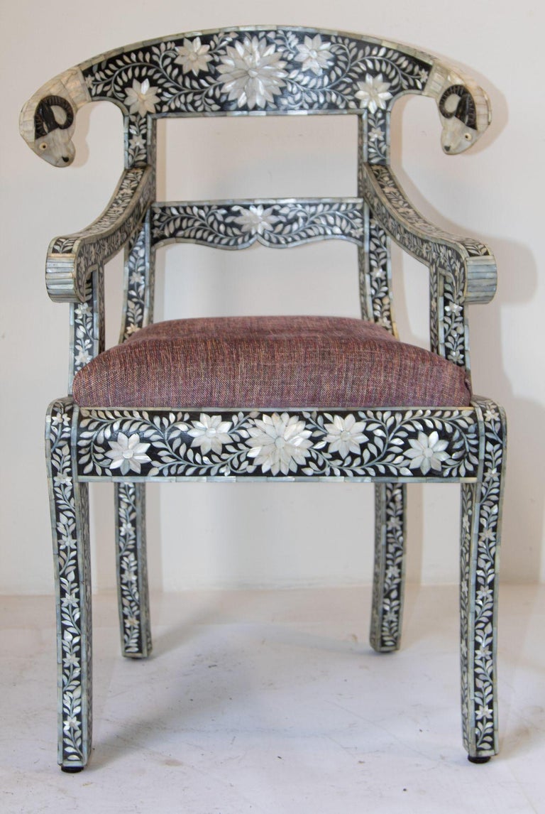 Anglo-Indian Mughal Mother of Pearl Inlaid Klismos Armchair with Ram ...