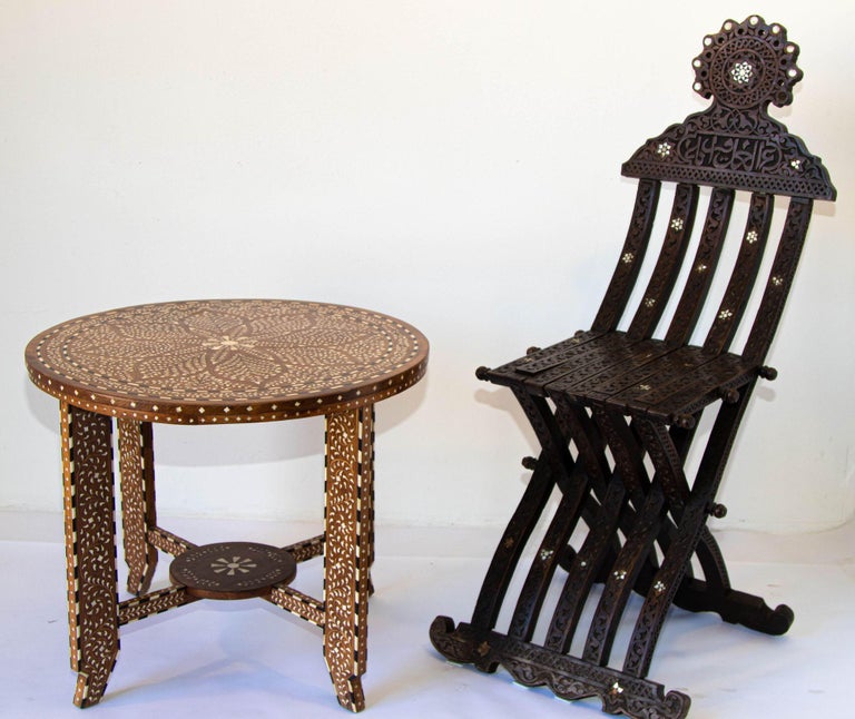 Anglo Indian Mughal Teak Wood Round Side Table with Bone Inlaid For ...