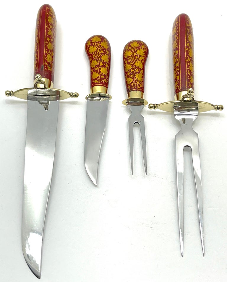 Anglo-Indian Red and Gilt Lacquer and Brass Carving Set For Sale at 1stDibs