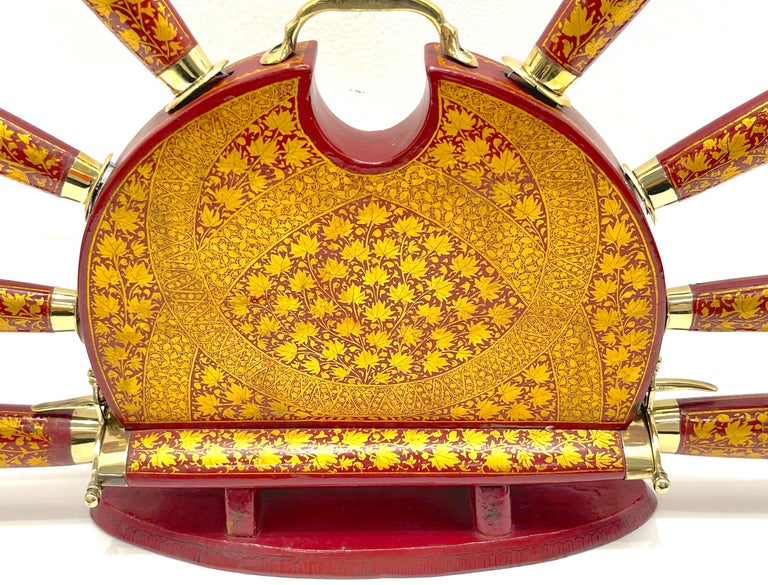Anglo-Indian Red and Gilt Lacquer and Brass Carving Set For Sale at 1stDibs