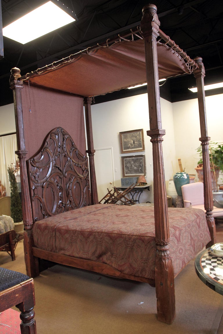 Anglo-Indian Style Tall Bed with Carved and Fluted Posts, Carved Panel ...